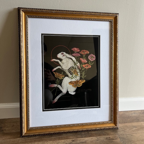 White Rabbit With Poppy Flowers- Giclee Print From Original Hand ...
