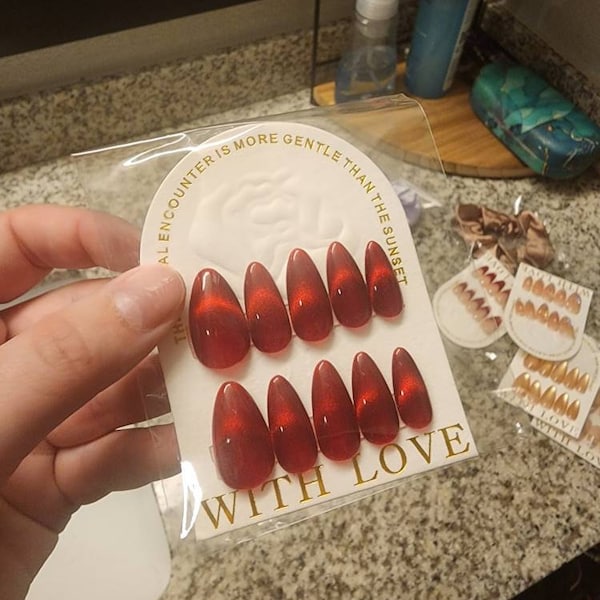 Red Cat Eye French Tips Glittery Nails |red Press on Nails |new Year ...