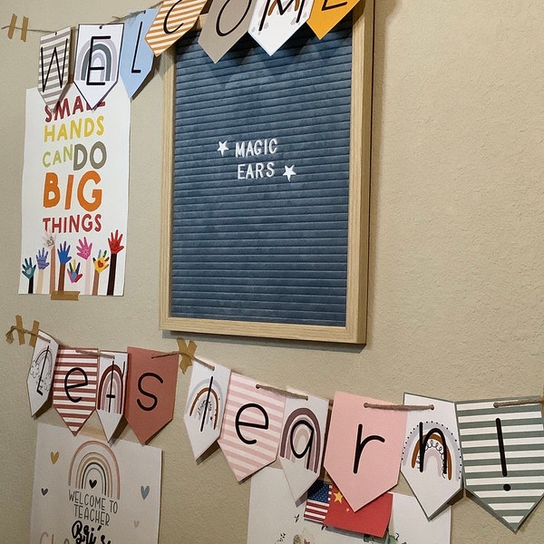 BOHO RAINBOW Bulletin Board Signage | Editable Boho Bunting | Neutral ...