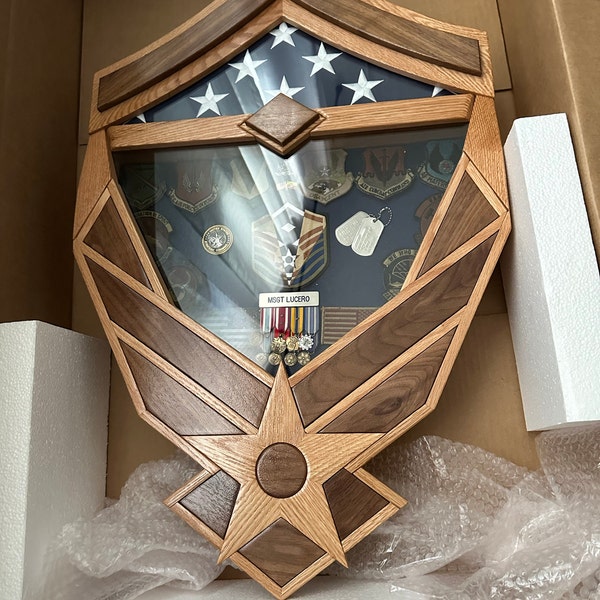 Handcrafted Air Force Shadow Box With Msgt Rank Chevron Silver & Navy ...