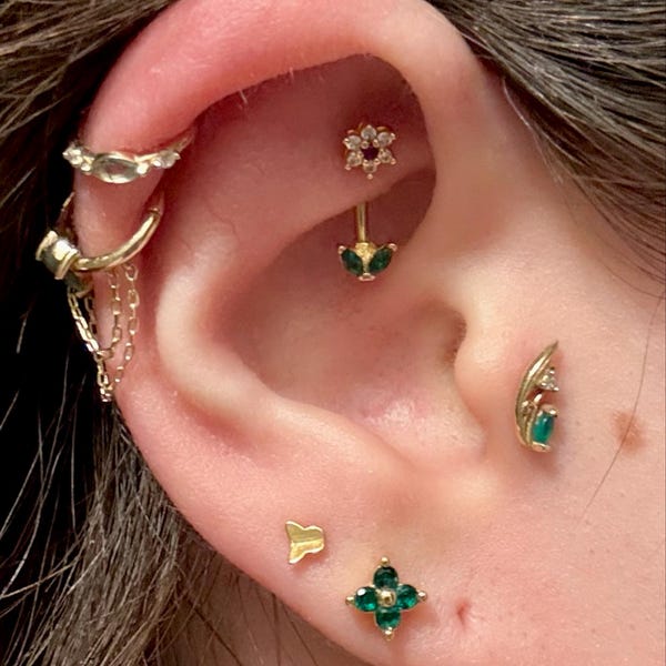 14K Solid Gold Prehnite Stud Earring/threadless Push Pin/prehnite Conch ...