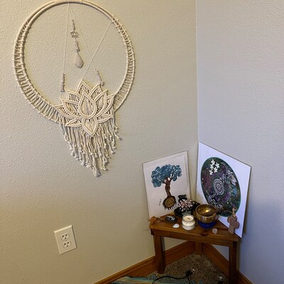 Light Blue Macrame Wall Hanging, Semi-circle Half-mandala Design on Oak ...