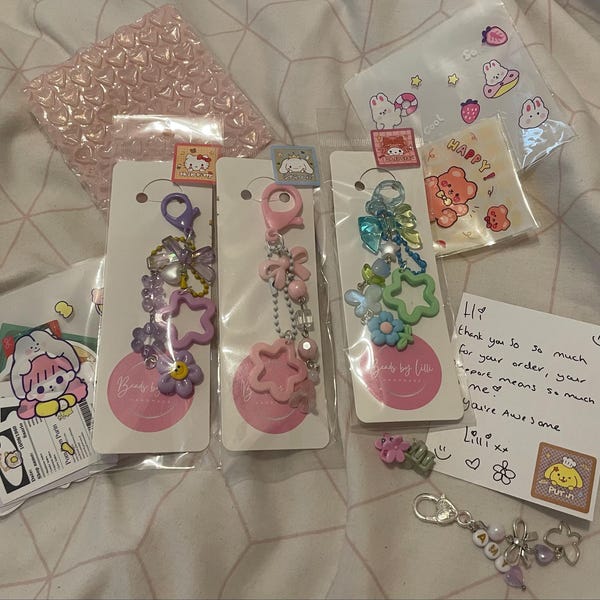 HANDMADE Cute Kawaii Cloud Bunny Keychains, Keyring, Beaded Accessory ...