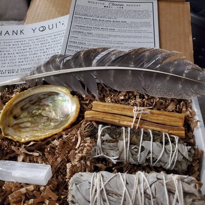 Beginner Smudge Kit Gift Box With Feather, Abalone Shell Dish, Gemstone ...