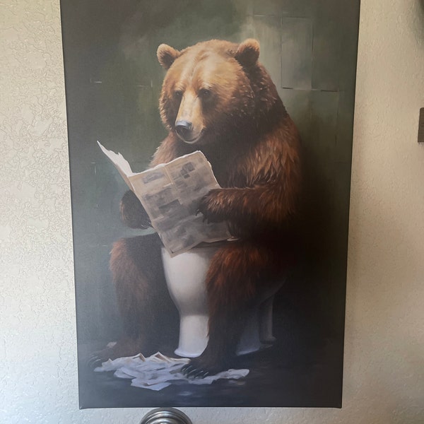 Brown Grizzly Bear Sitting on the Toilet | Painting Print on Framed ...
