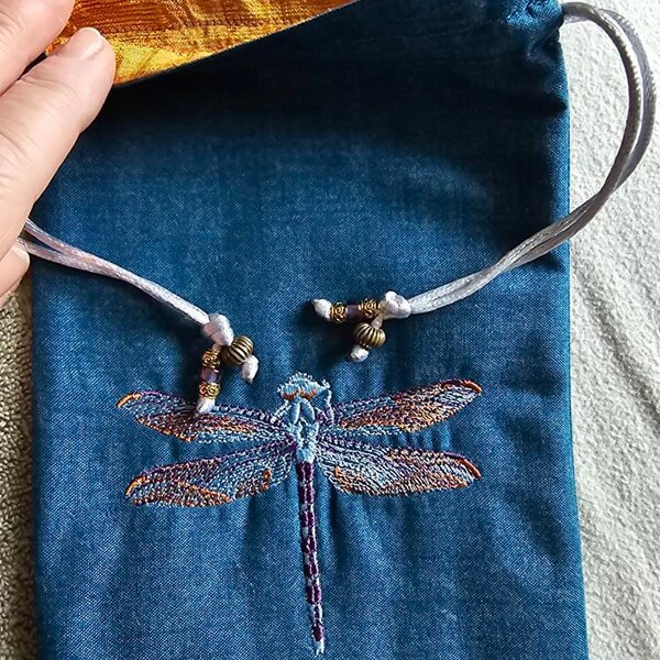 Embroidered Dragonfly Drawstring Bag, Handmade, Silk Lined - Etsy