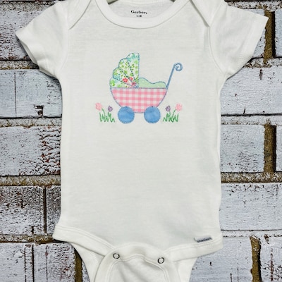 Baby Carriage, Pram With Flowers, Bean Stitch, Vintage Applique Machine ...