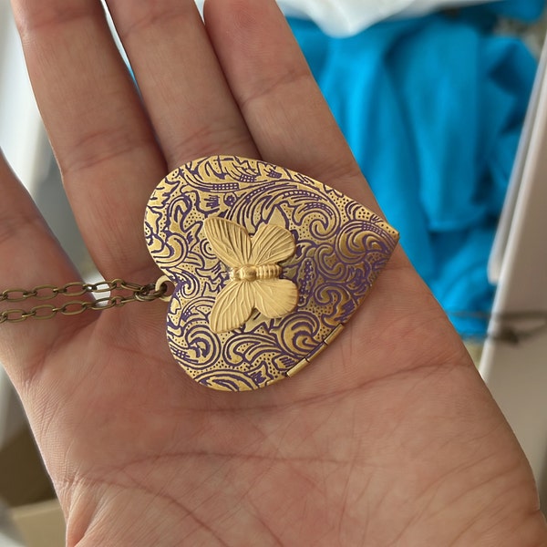 Purple Heart Locket Necklace, Butterfly Locket Necklace, Butterfly ...
