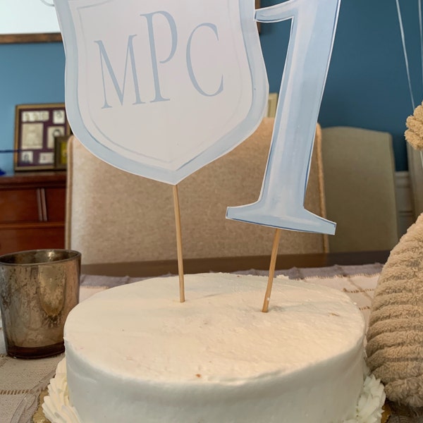 Watercolor Blue ONE Cake Topper & Monogram Blue Crest Cake Topper ...