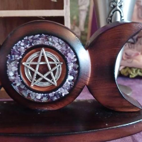 Triple Moon With Pentacle Altar Piece Made From Cedar Wood With Garnet ...