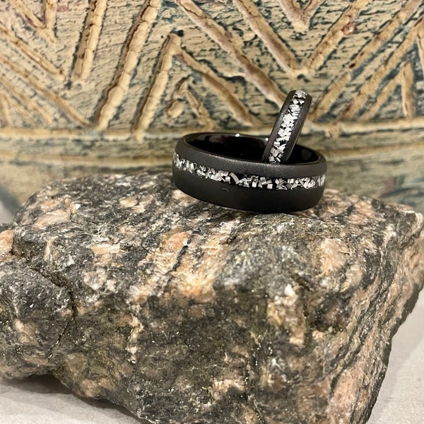 BLACK METEORITE RING With Sandblasted Finish, Men's Wedding Band Black ...