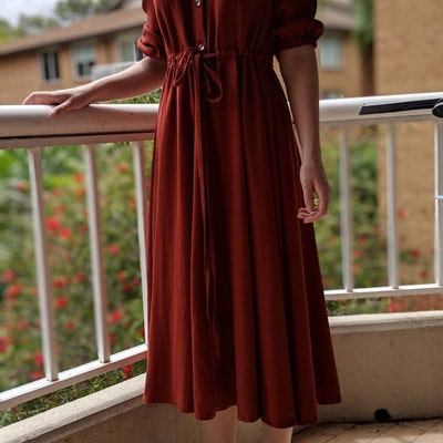 Rust Red Linen Shirt Dress, Casual Linen Maxi Dress With Drawstring ...