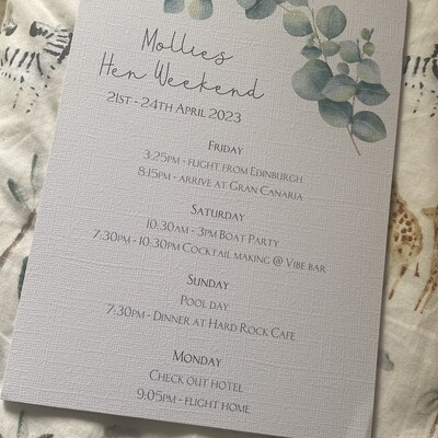 Arched Itinerary Card Hen Party Itinerary Hen Do Wedding Stationery ...