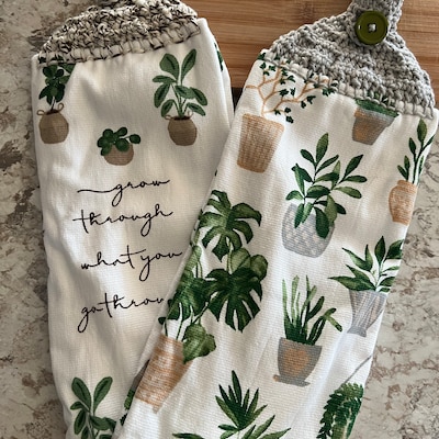 Spring Hanging Kitchen Towel, Crochet Top Oven Handle Dishtowel, Vernal ...