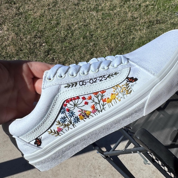 Wedding Vans for Bride and Groom, Flowers Embroidered Vans for Women ...