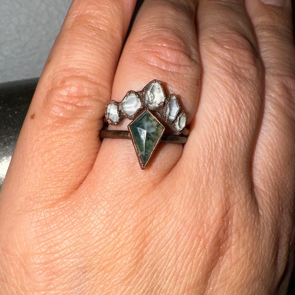 Moss Agate and Herkimer Diamond Custom Ring Set, Copper Electroformed ...