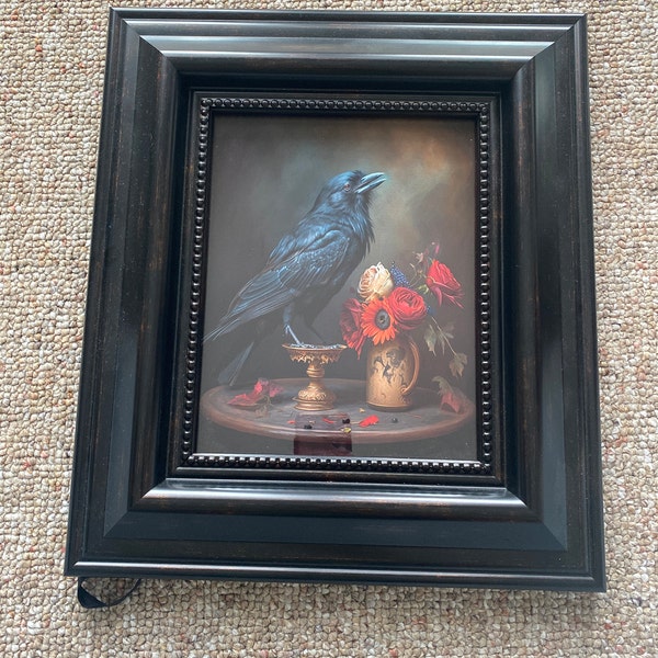 Black Raven Still Life Painting | Crow Perched With Florals, Black Bird ...