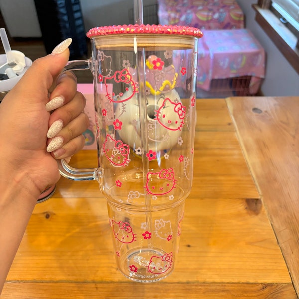 Kitty 40oz Glass Tumbler: Reusable Straw & Bamboo Lid - Etsy