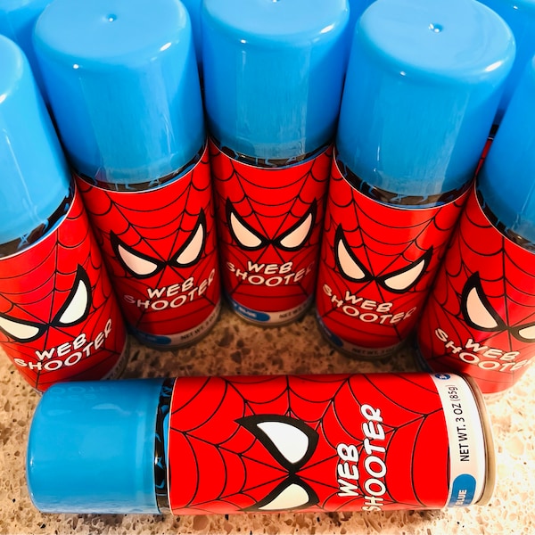 Spiderman Web Shooter Silly String Labels: Superhero Party (instant ...