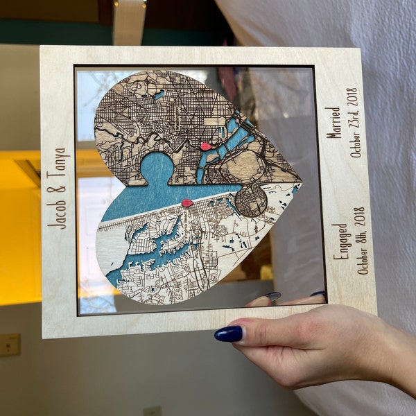 Personalized Two Location Heart Map, Wooden Framed Puzzle Wall Art - Etsy