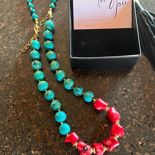 Turquoise and Tiger’s Eye Statement Necklace With Gold Plated Pendant, Beaded Gemstone Jewelry ...