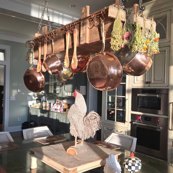 Pot Rack 24" With 6 Copper Hand Forged Rustic French Farmhouse Butcher ...