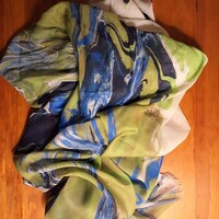 Silk Modal Scarf in Blue White and Green, All Season Scarf and Shawl in ...