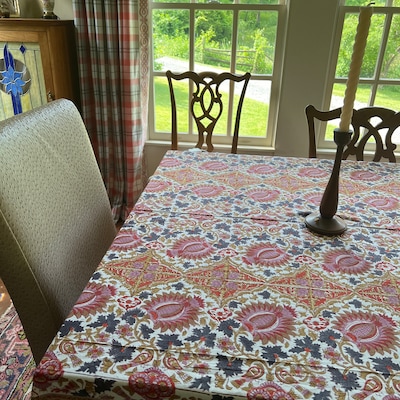 Burnt Orange, Tangerine With Green Floral Tablecloth, Indian Hand Block Printed 6 Seater ...