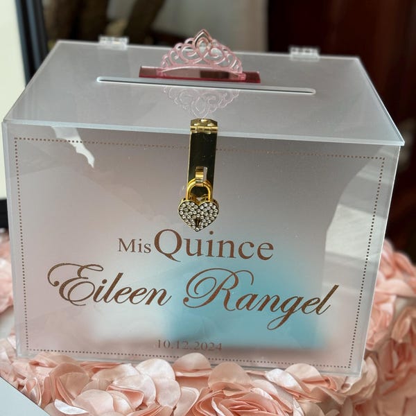 Quinceanera Money Card Box With Lock - Custom Engraved Gold Glitter ...