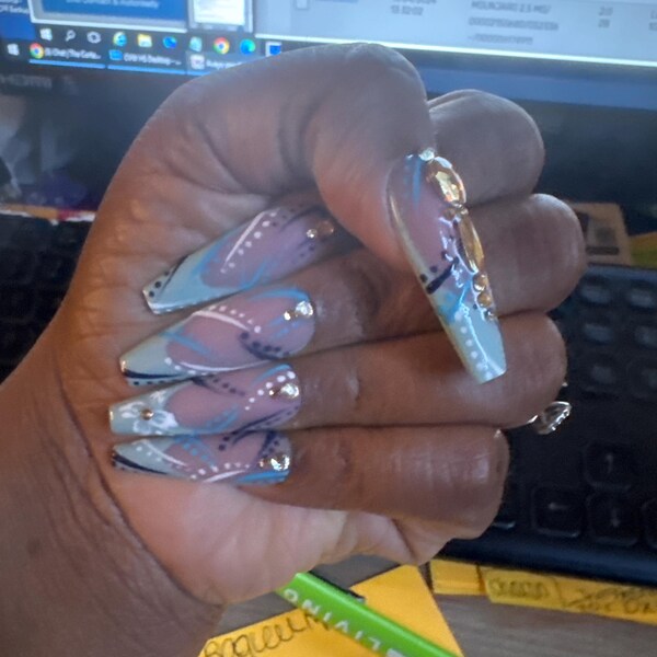 Money Nails Red French Tip Bling Rhinestones W Gold Foil & Gold Heart ...