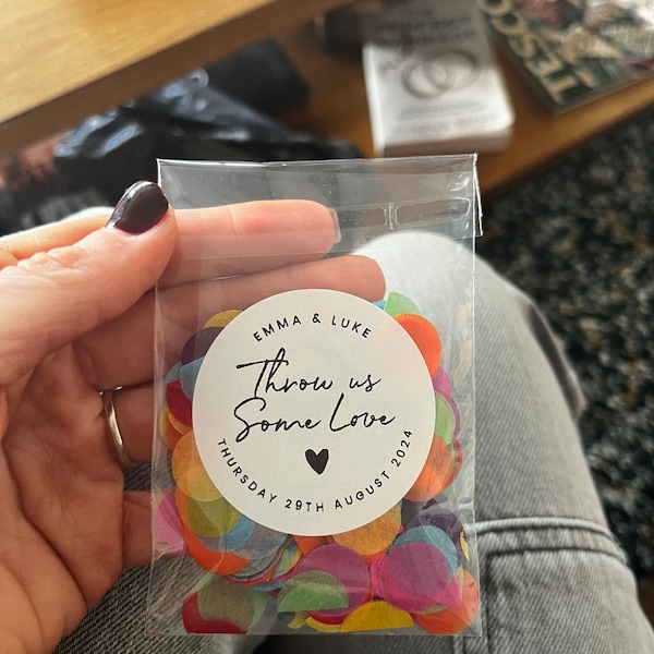 Wedding Confetti Bag Personalised Stickers, Throw Us Some Love Confetti ...