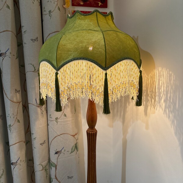 Green Velvet Fringed Lamp Shades +copper Lamp Base, Vintage Lampshade ...