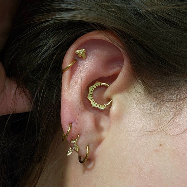 Flower Daith Hoop Earring, 18k Gold Plated Sterling Silver, Conch Hoop ...