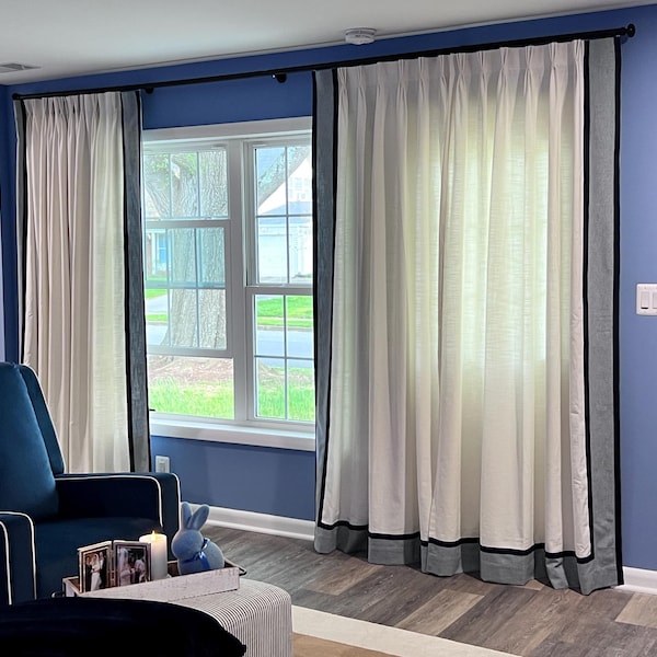 White Linen Curtain Panels, Pleated Curtains With Navy Ribbon, Curtains ...