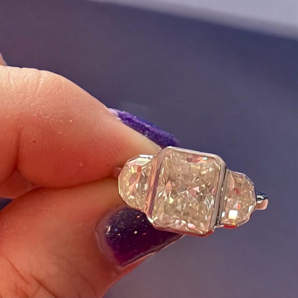 Bezel Set Moissanite Ring Three Stone Moissanite Engagement Ring 3.00 Ctw Cushion Moissanite ...