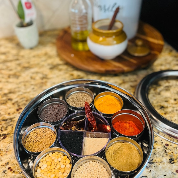 Stainless Steel Indian Spice Box, Steel Masala Dabba 12 Spices, Lid ...