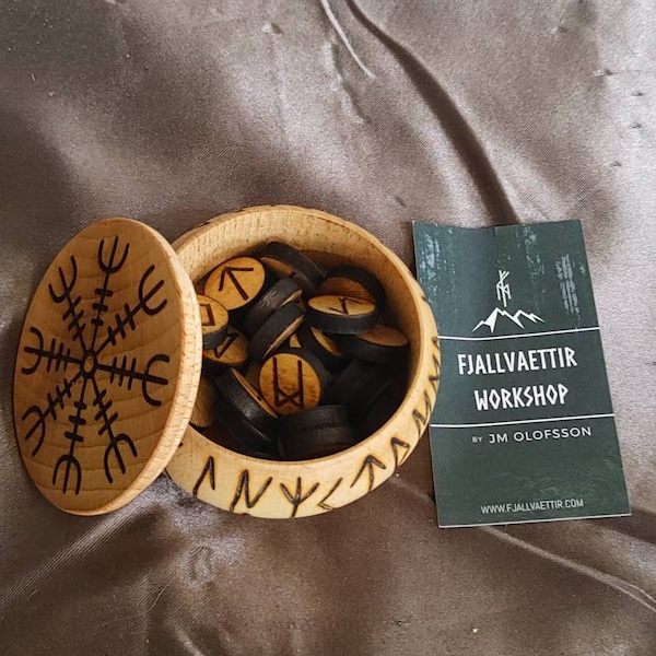 Hand Turned Alder Box of 24 Wood Runes Round Small Viking Runes Rune ...