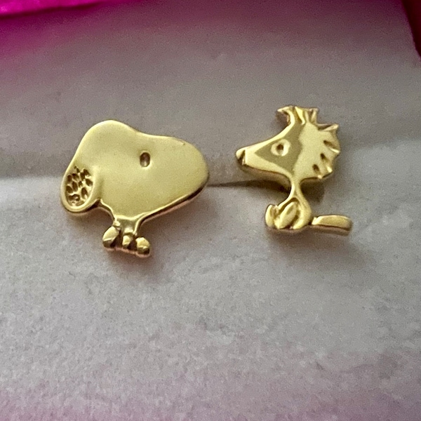 Lovely Cartoon Snoopy & Woodstock Stud Earrings Screw Back in 14K ...