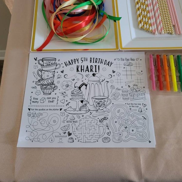 Tea Party Coloring Placemat, Personalized, Tea Time, Printable, Custom ...