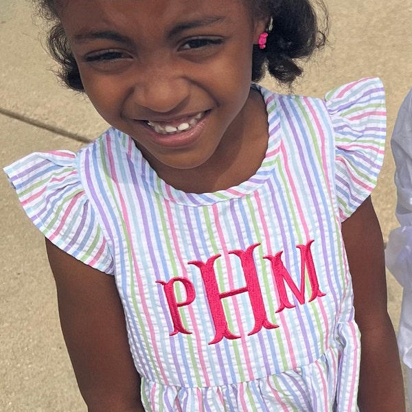 Girls Seersucker Dress, Baby Girl Ruffle Dress, Monogrammed Seersucker Dress, Toddler Girls ...