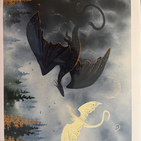 Dragon Art Print Blue Pine Dance Fantasy Art. Watercolor Art. Whimsical ...