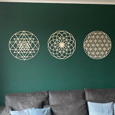 Sacred Geometry Wood Wall Art Decor, 3 Piece Geometric Mandala Wall ...