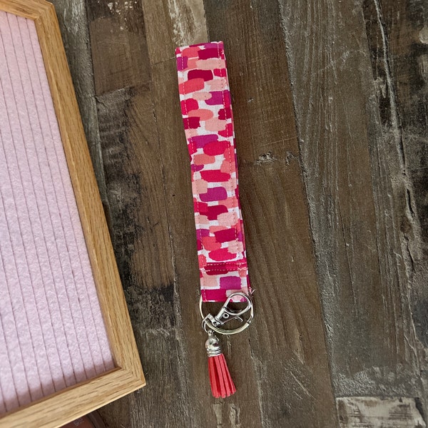 Pink Wristlet Floral Rose Key Fob Wristlets Tassels Lanyard Silver ...