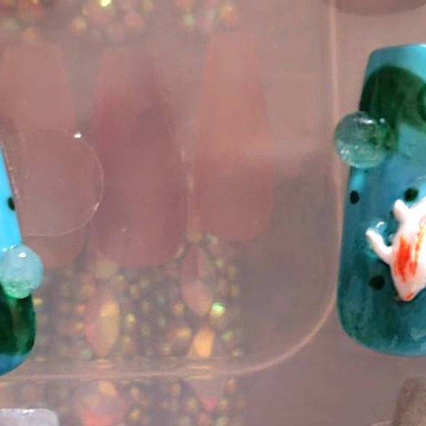 Ocean-inspired Press on Nails | Hand Painted Koi Fish Nail Art | Blue ...