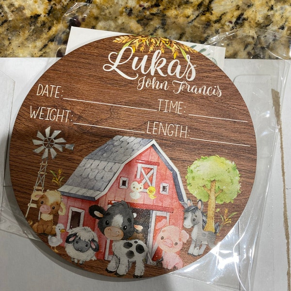 Farm Birth Stat Sign, Round Wood Birth Stat Sign, Farm Animal Birth ...