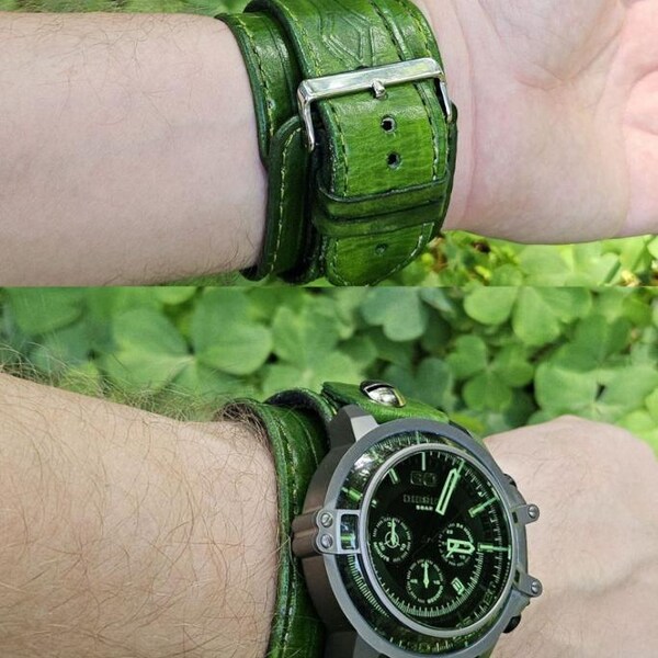 Unisex Wide Leather Double Buckle Cuff,mahogany Color Handmade Leather ...