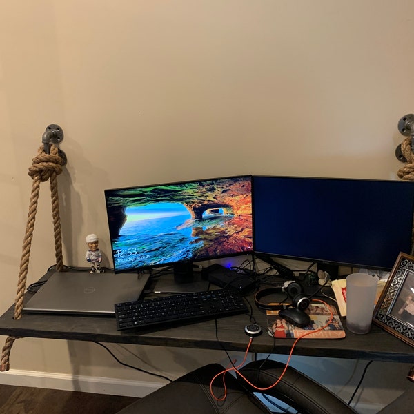 Rope & Pipe Desk - Farmhouse Suspended Wood - Wall Mounted - Standing ...