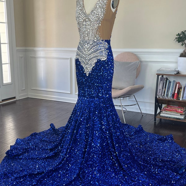 Royal Blue Sequin on Royal Stretch Velvet With Luxury Sequins All Over ...
