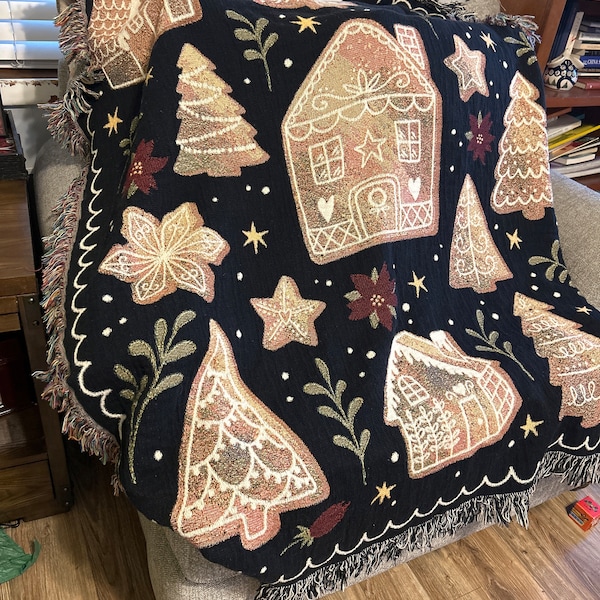 Gingerbread Christmas Blanket: Personalized Woven Cotton Throw, Holiday ...
