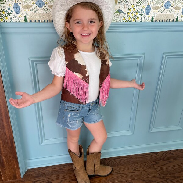 Cowgirl Cowhide Print Vest With Pink, Red or Turquoise Sequin Fringe - Etsy